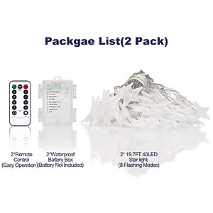 YoTelim Star String Lights Battery Operated Warm White ，Water Proof 2 Pack 19.7FT 40 LED Fairy String Light 8 Modes with Remote Control, for Home, Party, Christmas, Wedding, Garden Decoration