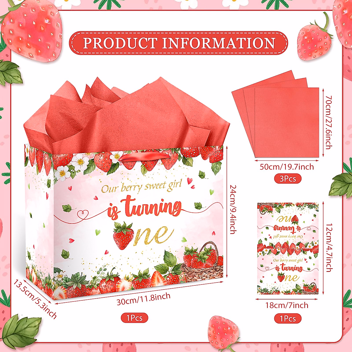 Strawberry 1st Birthday Gift Bag Berry Birthday Decorations Large Sweet One Birthday Wrapping Bag with Tissue Paper and Greeting Card for Baby Girl Christmas Xmas First Birthday Party Supplies