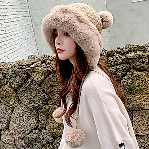 Winter Pompom Beanie Hats for Women Fluffy Knit Womens Beanie Faux Fur Crochet Skull Cap Warm Bucket Outdoor Ear Cover Khaki