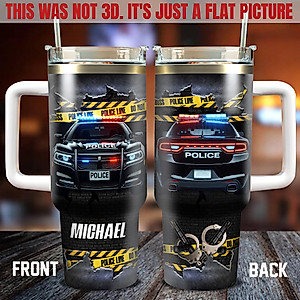 WAZONE Personalized Police Car Tumbler With Lid Custom Name Insulated Travel Mug Tumbler 40oz with Handle and Straw Gifts For Retirement Officers Retired Officer Men Women On Birthday