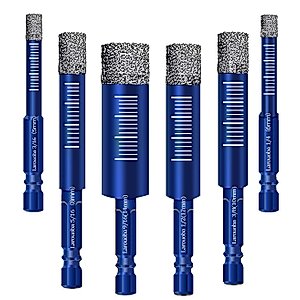 Larouoba 6pcDiamond Drill Bit, Masonry Drill Bits Set for Porcelain Tile Ceramic Stone Granite Marble Hex Shank Diamond Hole Saw Drill Bit with Size 3/16” to 9/16” (Blue)