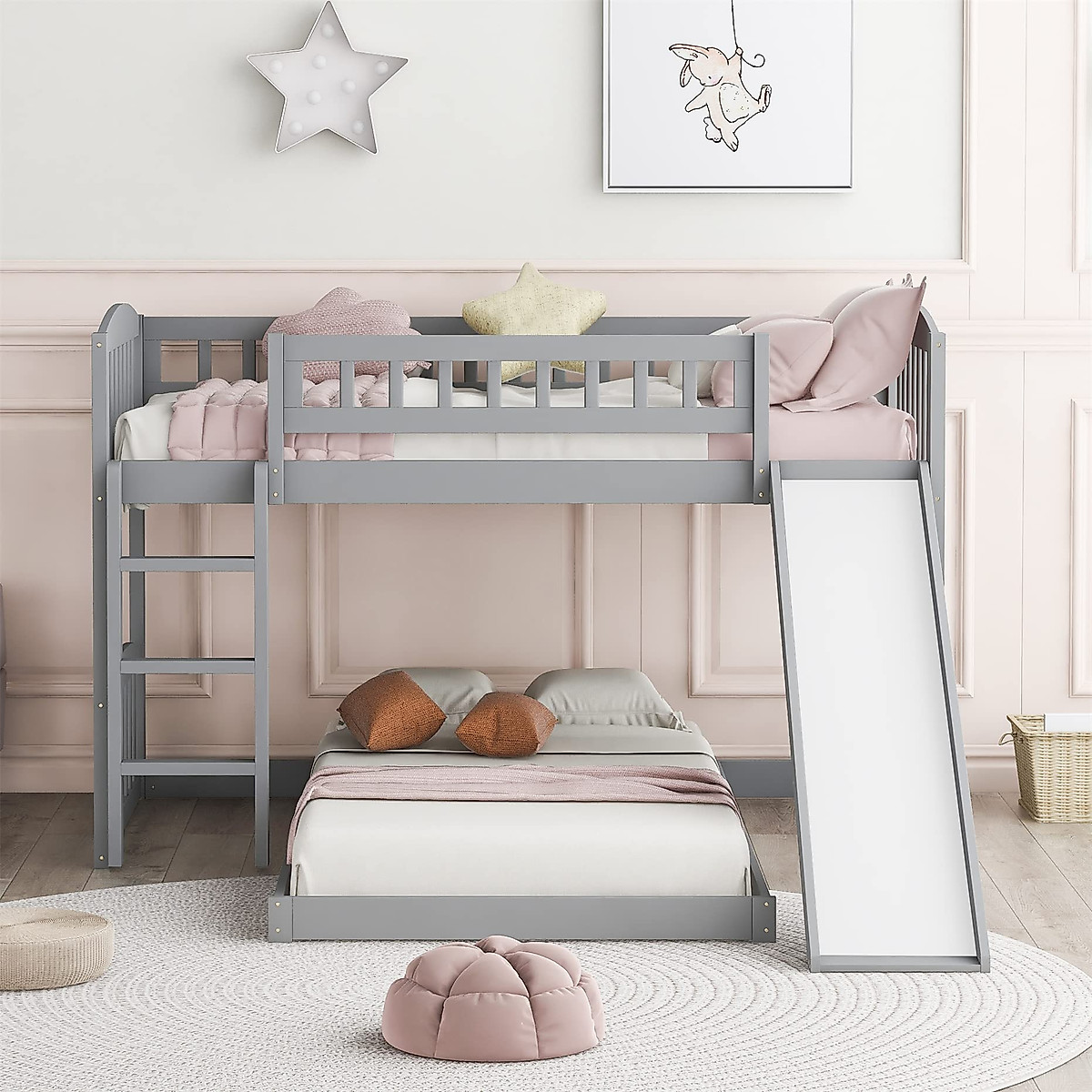 Harper & Bright Designs Low Bunk Bed Twin Over Twin, Wood Floor Bunk Bed with Slide and Ladder, L-Shape Bunk Bed for Kids Toddlers Teens Boys & Girls (Gray)