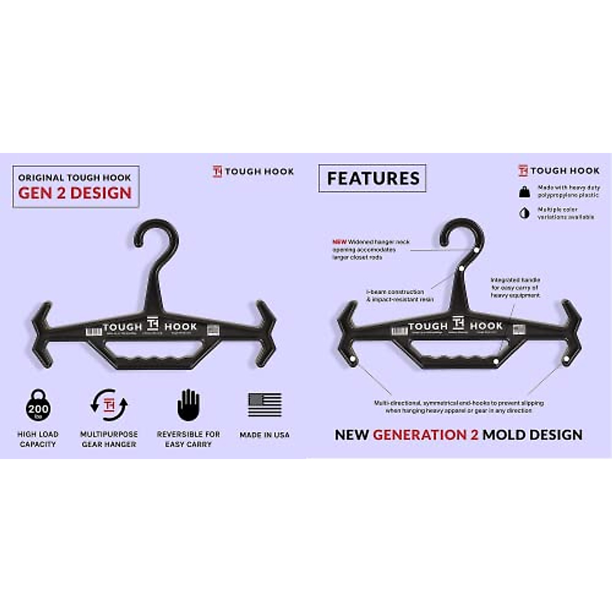 Tough Hook Original Hanger Max Pack Set of 4 | 2 Midnight and 2 Red |USA Made | Multi Pack