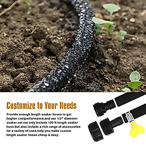 Soaker Hose 100ft for Garden Beds Solid Brass Interface Irrigation Save 70% Water Heavy Duty Rubber 1/2" Diameter Great for gardens/flower beds Accessories Contain Various Connections
