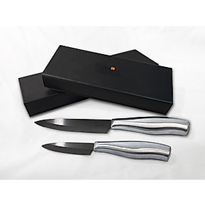 Casa Neuhaus Black Series Utility Set Ceramic Knives - 3 inch Paring Knife & 5 inch Utility Knife - Black Ceramic Blade & Stainless Steel Handle - Includes Knife Sheath and Black Series Gift Box
