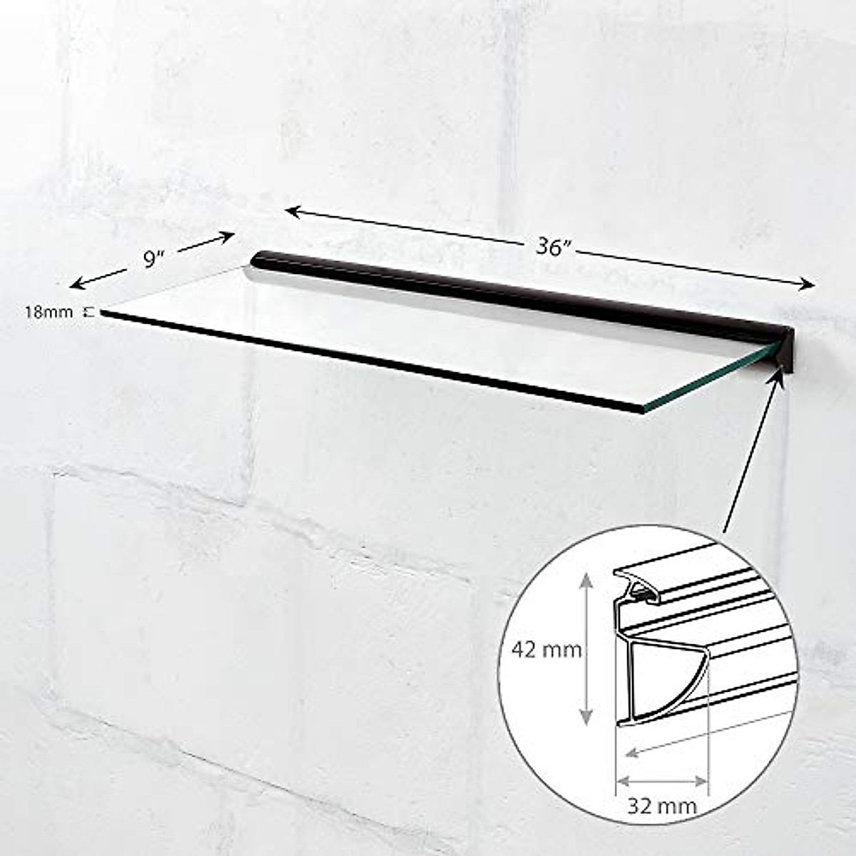 Deco Window 36" X 9" Tempered Glass Shelf for Wall Floating Shelves 8mm Thick Bathroom Storage Organizer with Concealed Mount (Black)