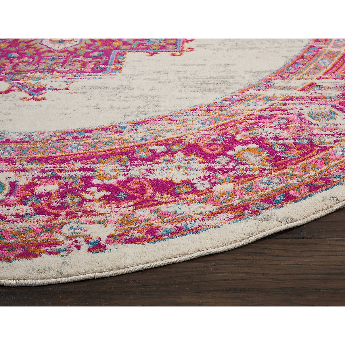 Nourison Passion Ivory/Fuchsia 8' x Round Area-Rug, Boho, Traditional, Easy-Cleaning, Non Shedding, Bed Room, Living Room, Hallway, (8' Round)