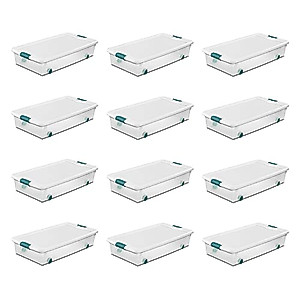 Sterilite 56 Quart Latching Stackable Under Bed or Closet Storage Box Container Bins with Secure Lid and Wheels, Clear (12 Pack)