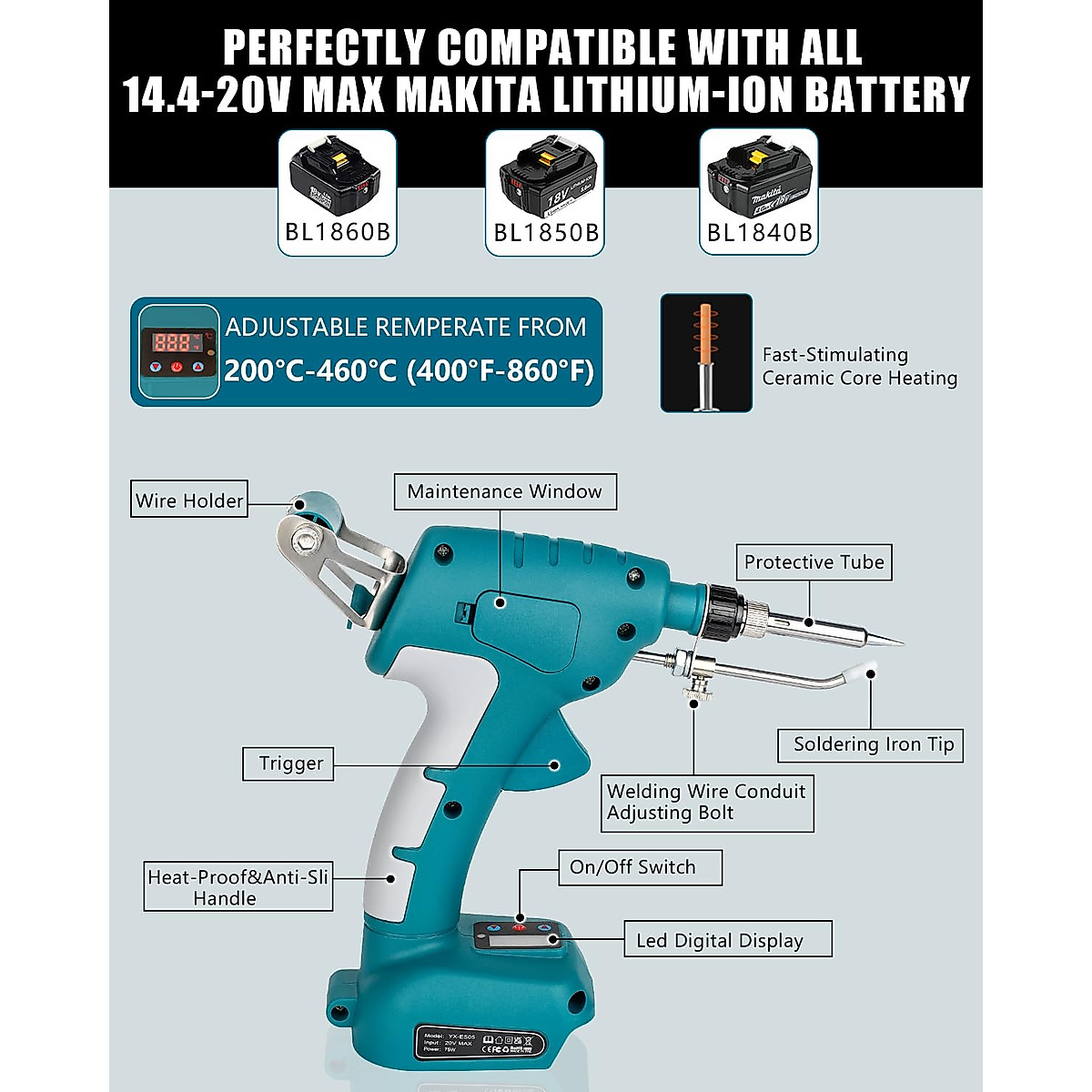 Cordless Soldering Iron Kit for Makita 18v LXT Battery,75W LED Digital Solder Iron Soldering Gun with 5pcs Tips,50g 0.04” Solder Wire for any Hobby Enthusiast (Battery not included)