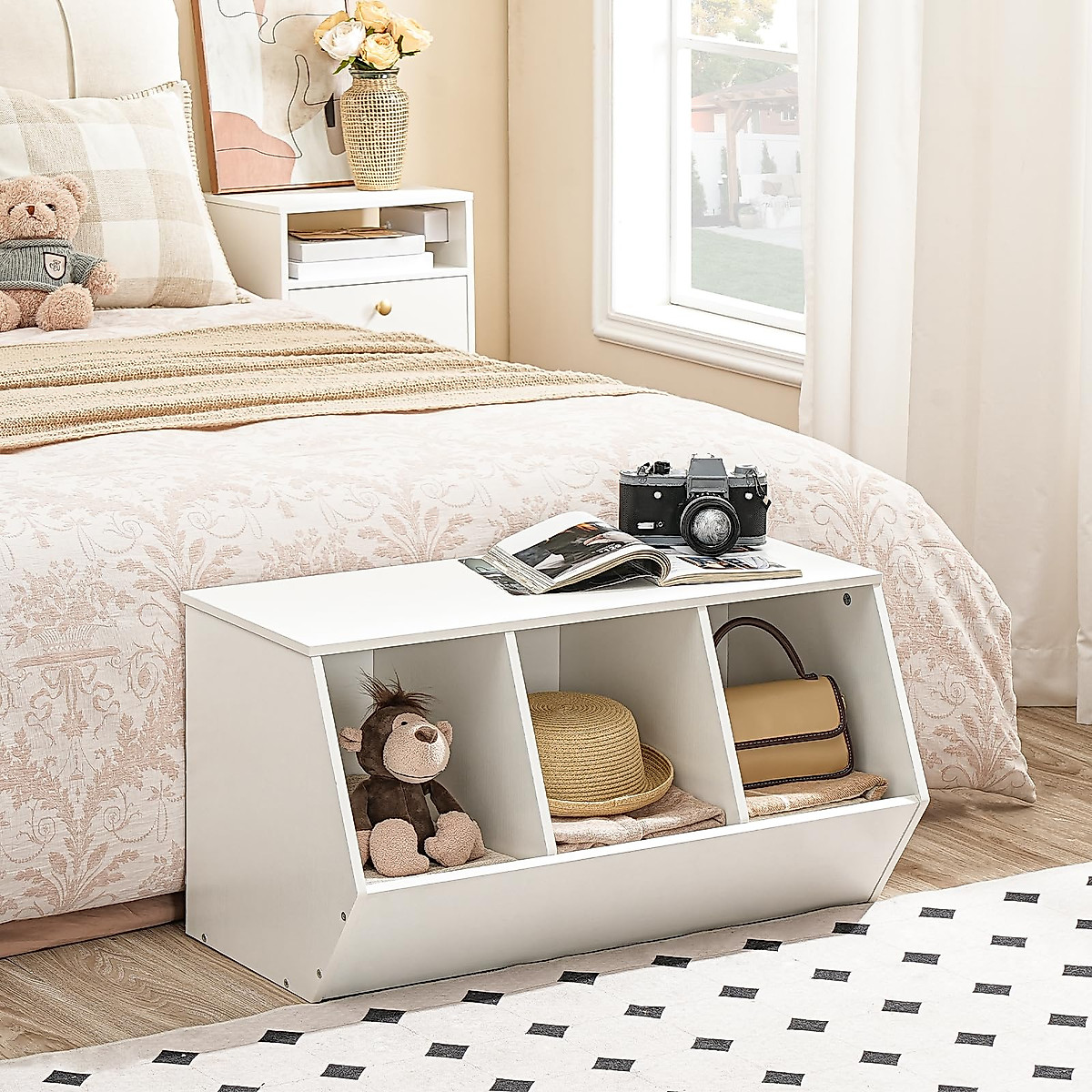 HOOBRO Toy Storage Cubby, Kids Bookshelf, Stackable 3-Bin Toy Storage Cabinet, Bookcase Footboard, Children's Toy Shelf, Hallway, White WT30CW01