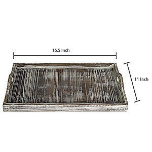 MyGift Rustic Torched Solid Wood Large Serving Tray with Cutout Handles with Slatted Design, Breakfast Ottoman Coffee Table Tray, 16 x 11 Inches