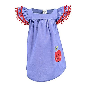 Unique Baby Girls Back to School Denim Apple Dress (5Y, Red)