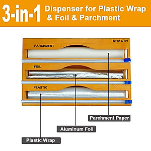 CRAKTH Bamboo Plastic Wrap Dispenser with Cutter, 3 in 1 Storage Organizer for Aluminum Foil & Cling Film & Parchment Paper