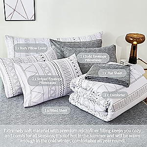 RYNGHIPY Boho Comforter Set Full Size: White Grey Geometric Bed in a Bag for Men Boys - All Season Comfoter with Sheets Pillowcases Soft Microfiber (White,Full Size)