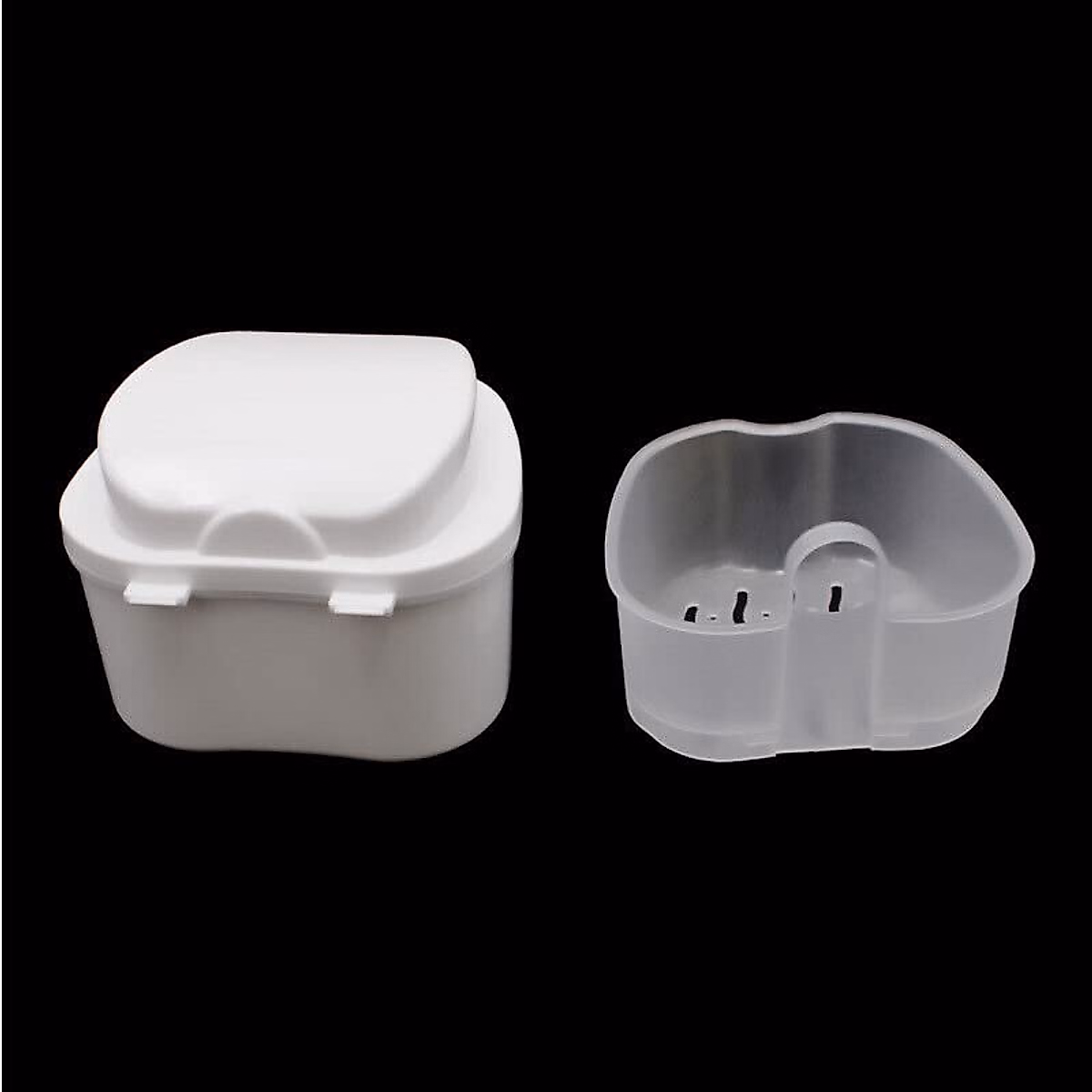 AmeriCan Goods Denture Bath Box with Denture Cleaner Brush Denture Bath Case with Rinsing Basket Tray Container (White)