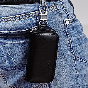 LANZITOER Leather Car Key Case Holder Keychain Case Wallet Zipper Closure For Men And Women (Black)