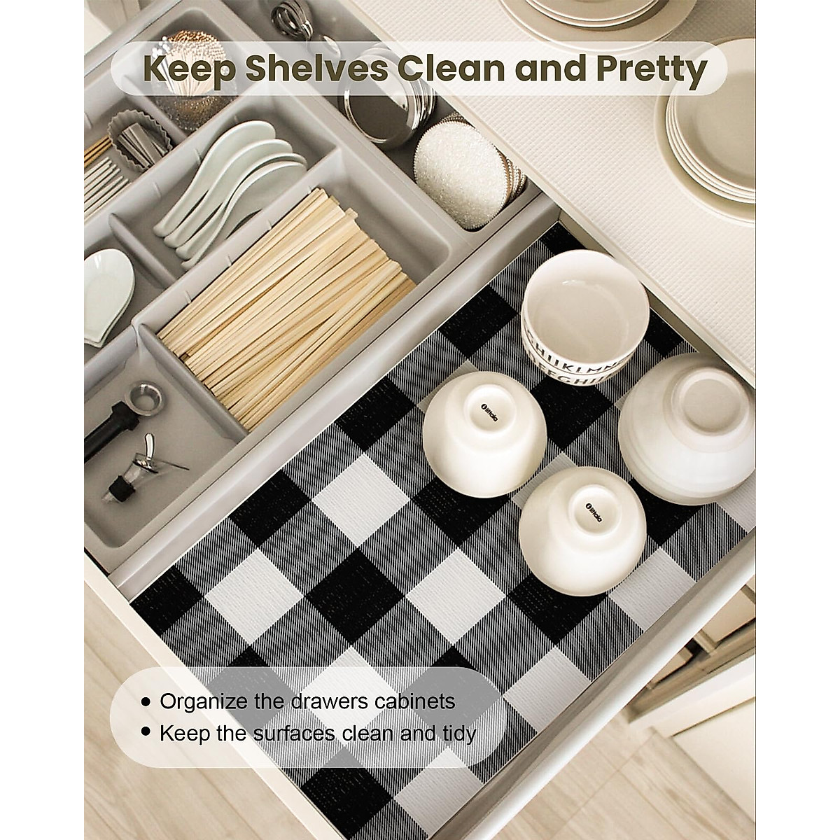 Shelf Liner for Kitchen Cabinets Non-Adhesive Drawer Liner Non-Slip Cabinet Liners Washable Thickened Mats for Cupboard, Tool Box, Shelves, Dorm Drawers, Pantry, 11.8In x 10FT, Black