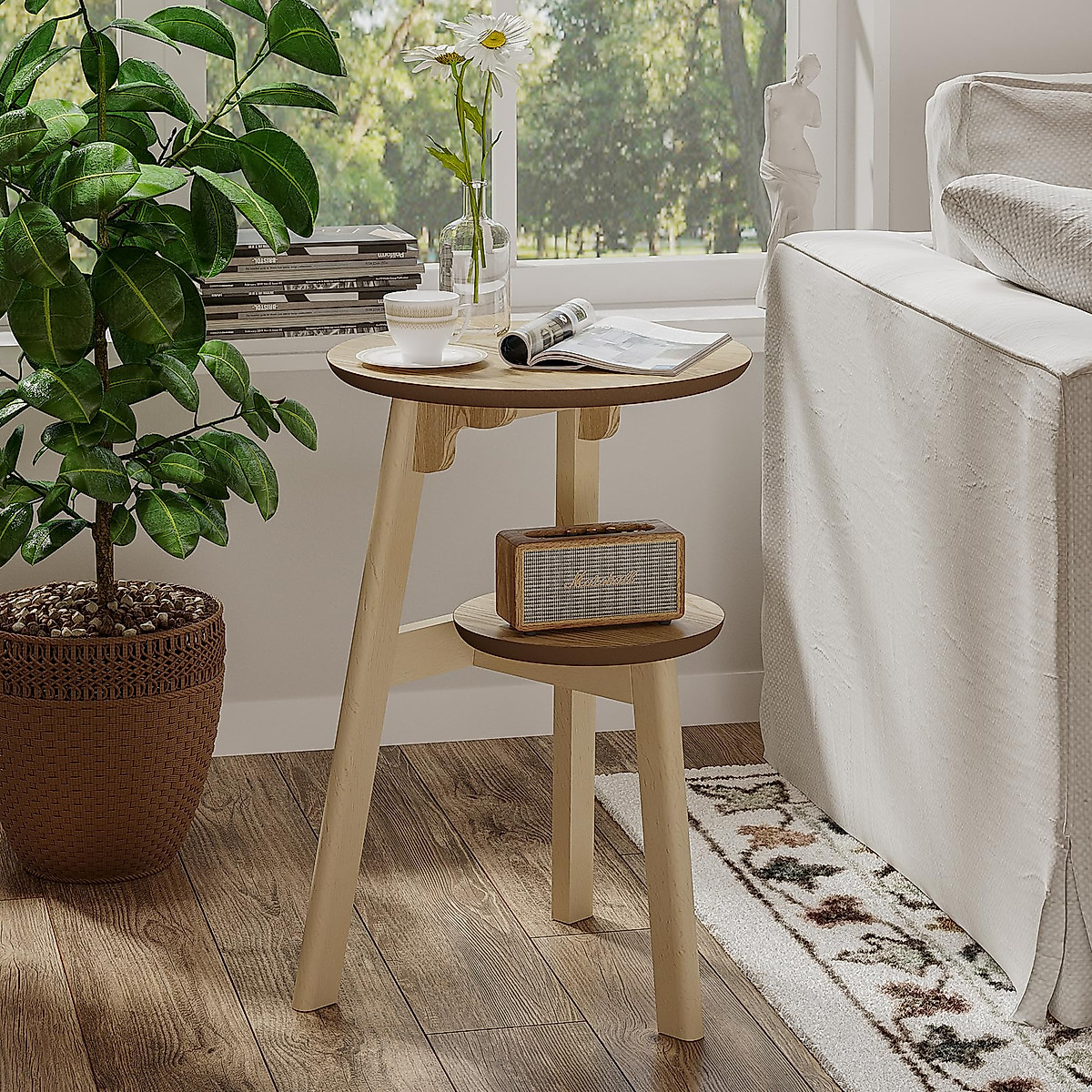 ChooChoo Round End Table Set of 2, Narrow Side Table for Small Spaces, Accent Table Night Stand with 2 Tier Shelf for Bedroom and Living Room, Natural