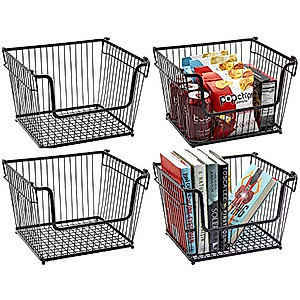 Sorbus Farmhouse Scoop Storage Bin Wire Baskets with Handles, Stackable Basket Set Organizers for Home-Kitchen Pantry-Bathroom, Laundry, Closet Organization, Iron Metal (4-Pack, Black)