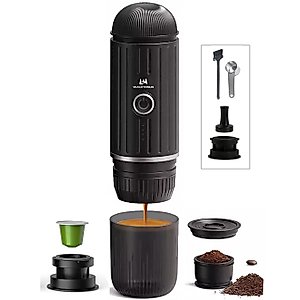 Portable Espresso Coffee Maker Electric Expresso Maker Self Heating Battery Powered, 19 Bar Pressure, Coffee Machine with Ground Coffee & NS Capsule for Travel, Camping, RV, Hiking, Office (Black)