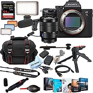 Sony Alpha a7 III Mirrorless Digital Camera with 24-70mm Lens + Shot-Gun Microphone + LED Always on Light+ 64GB Extreme Speed Card, Gripod, Case, and More (26pc Video Bundle)