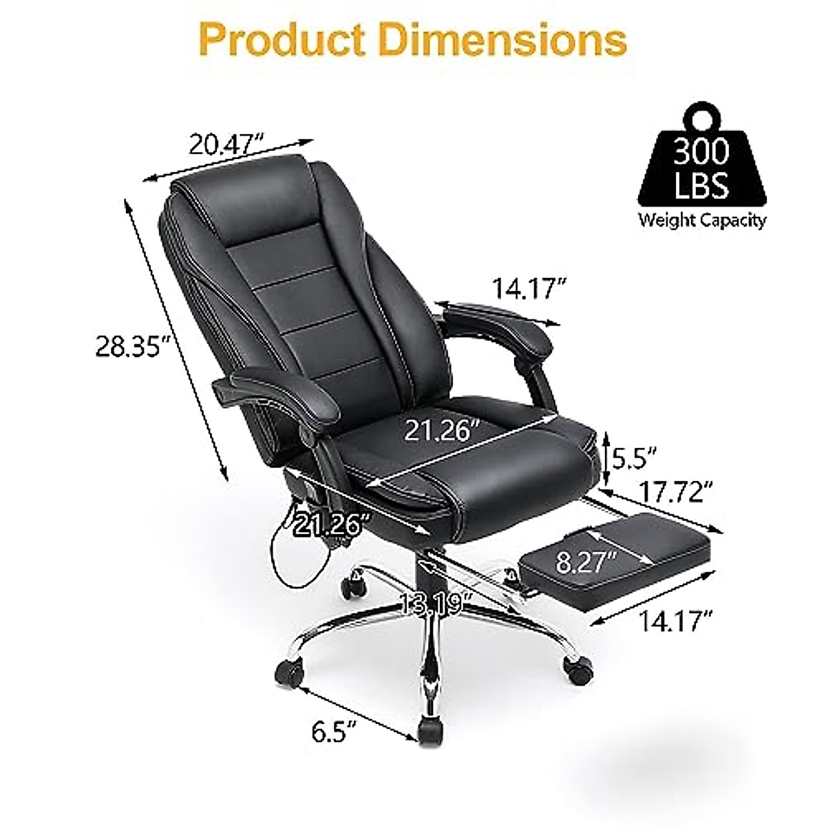 HOMREST Executive Office Chair, Massage Heated Desk Chair with Ergonomic High Back PU Leather Computer Chair with Footrest Lumbar Support for College Dorm (Black)