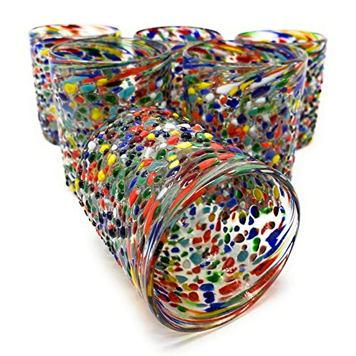 Hand Blown Mexican Drinking Glasses – Set of 6 Confetti Rock Tumbler Glasses (10 oz each)
