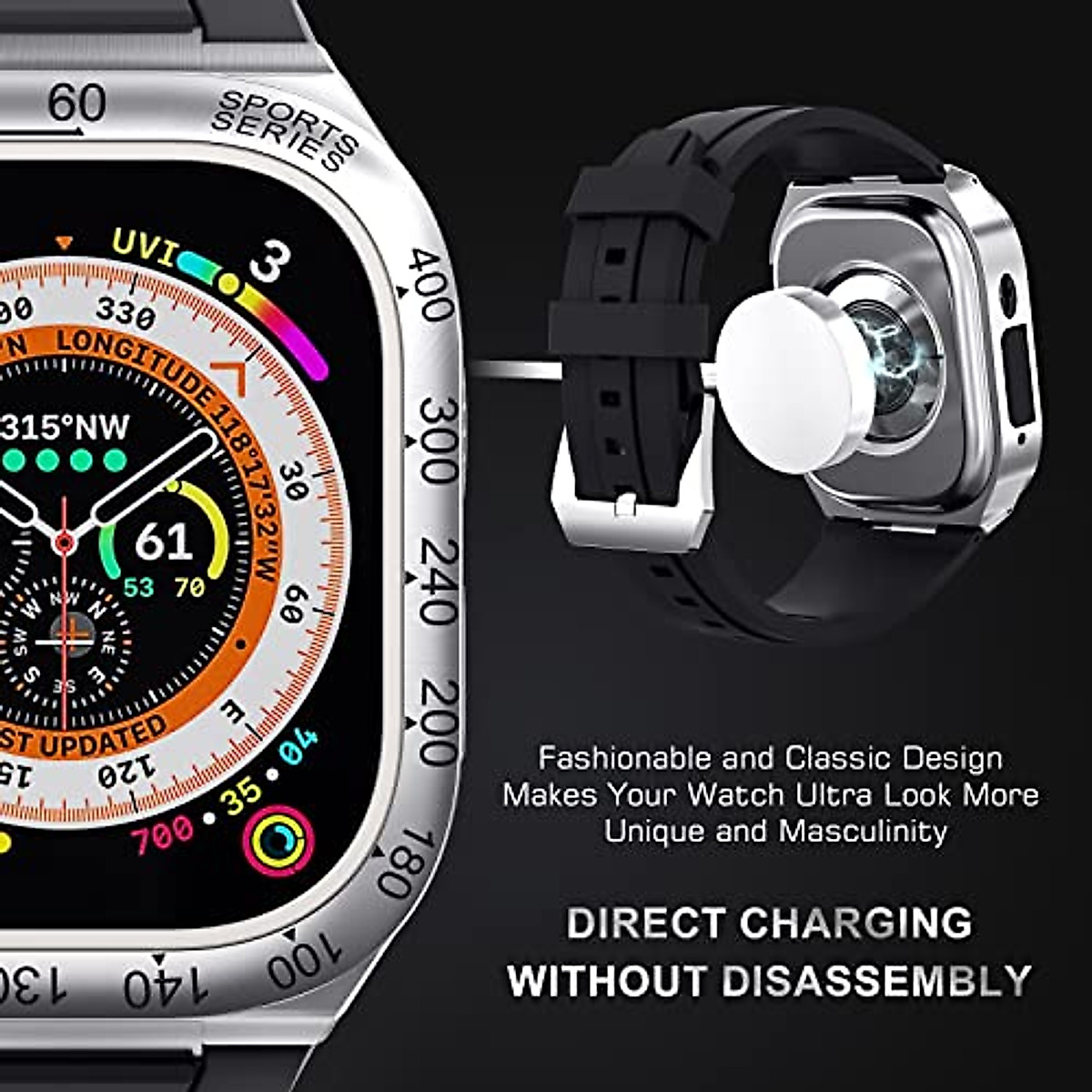 BEIZIYE Stainless Steel Case with Band Compatible Apple Watch Ultra 49mm, Designed for Men's Apple Watch Ultra 49mm Case (Silvery)