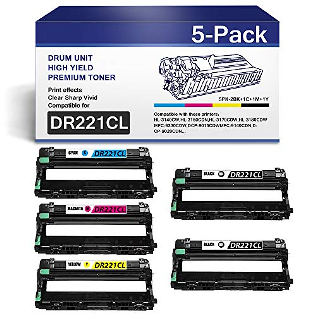(2Black+1Cyan+1Yellow+1Magenta) DR221CL Drum Unit Compatible for Brother DR-221CL Drum Cartridge HL-3140CW 3150CDN MFC-9130CW 9140CDN DCP-9015CDW 9020CDN Printer (5,Pack).