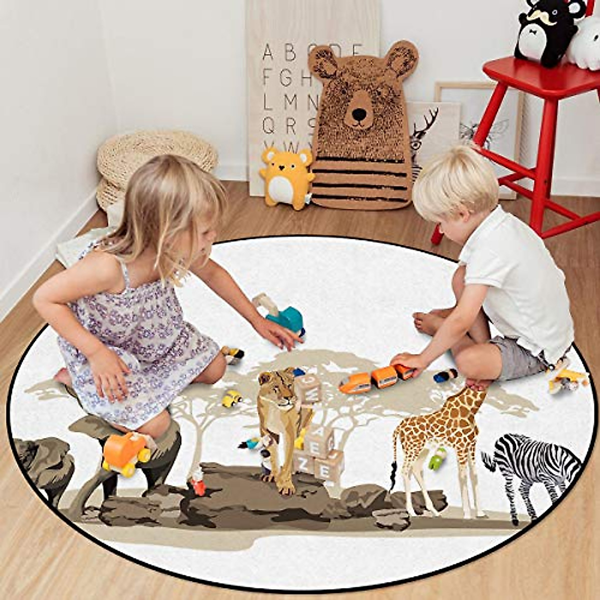 Round Area Rugs Children Crawling Mat Non-Slip Mat, Safari Residential Carpet for Living Room Rugs Decor, Illustration of Wild Savannahs African Animals Giraffe Lion Elephant Zebra, 5Ft(60In）