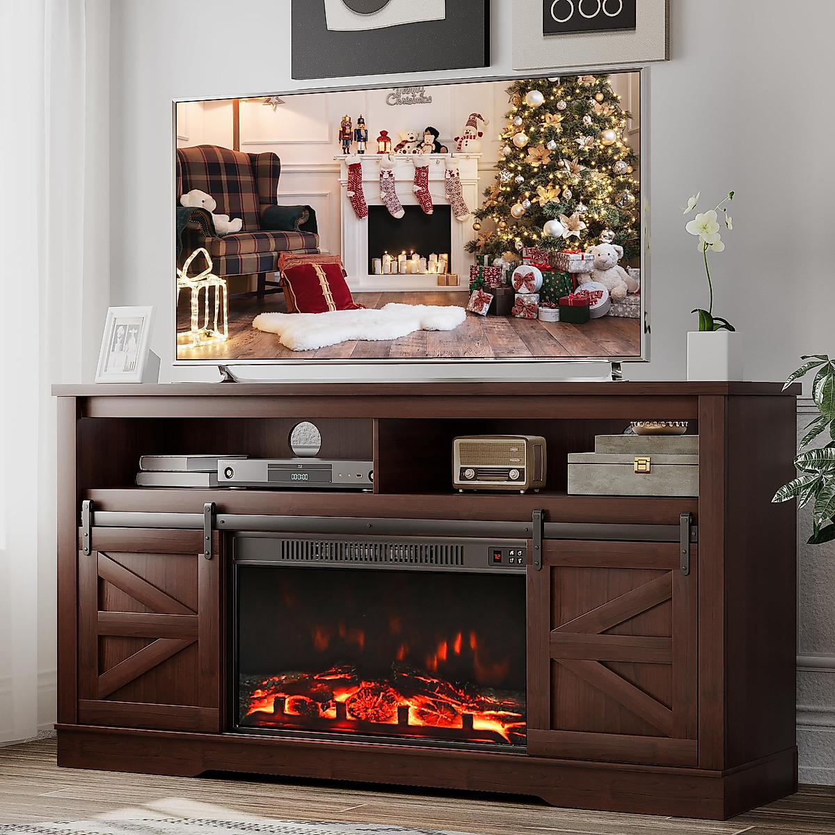 JUMMICO Fireplace TV Stand for 65+ Inch TV with 26'' Fireplace Entertainment Center with Storage Cabinet and Adjustable Shelves, Media Console with Sliding Barn Door for Living Room (Brown)