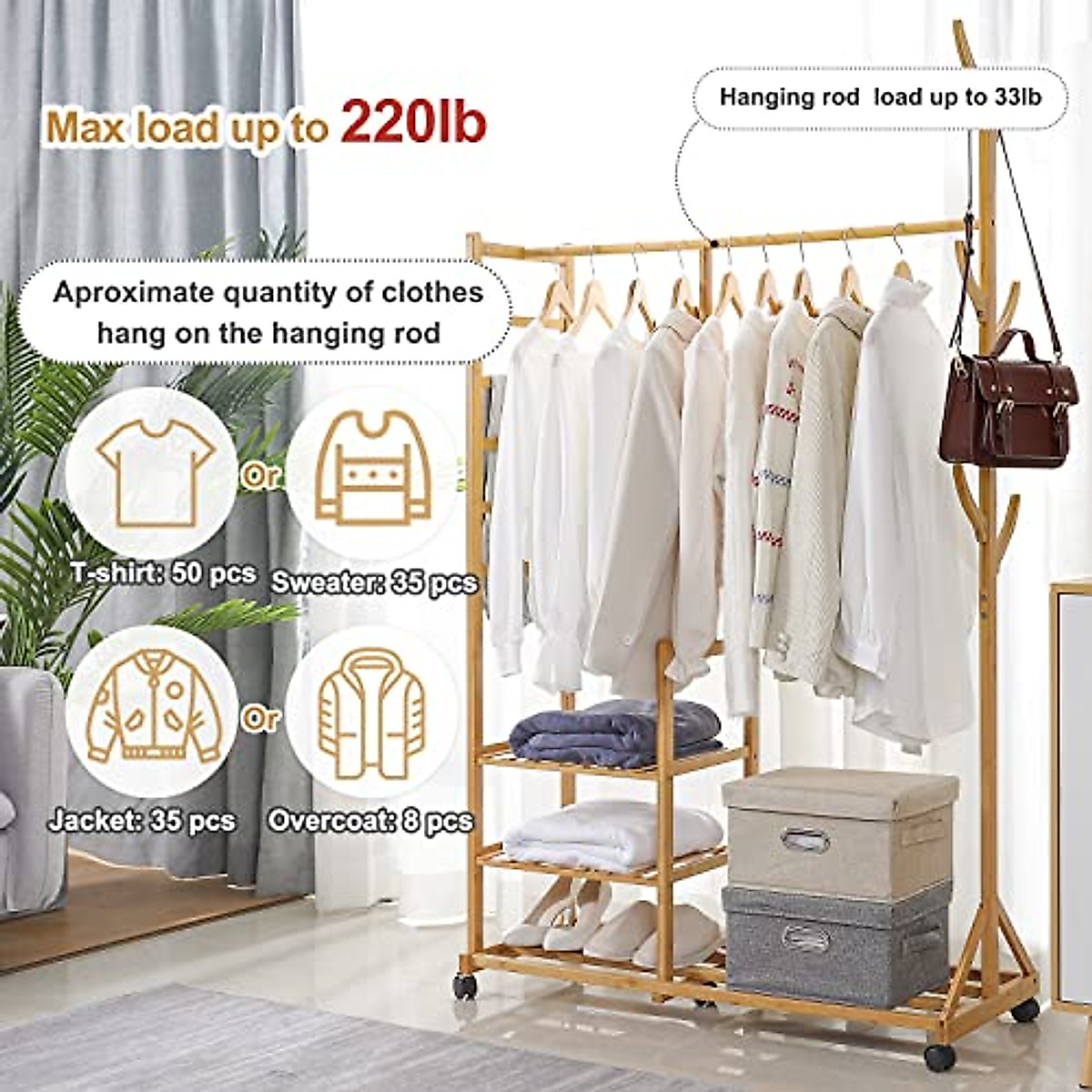 Homde Clothing Rack Bamboo Garment Rack Rolling Coat Rack Multifunctional Bedroom Hanging Rack Clothing Organizer Hat Tree 3 Layers Wardrobe Storage Shelves with Wheels 6 Hooks