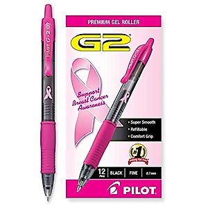 PILOT G2 Premium Pink Ribbon Retractable Gel Roller Ball Pen, Fine Point, Black Ink, 12-Pack (31332), Dozen Box