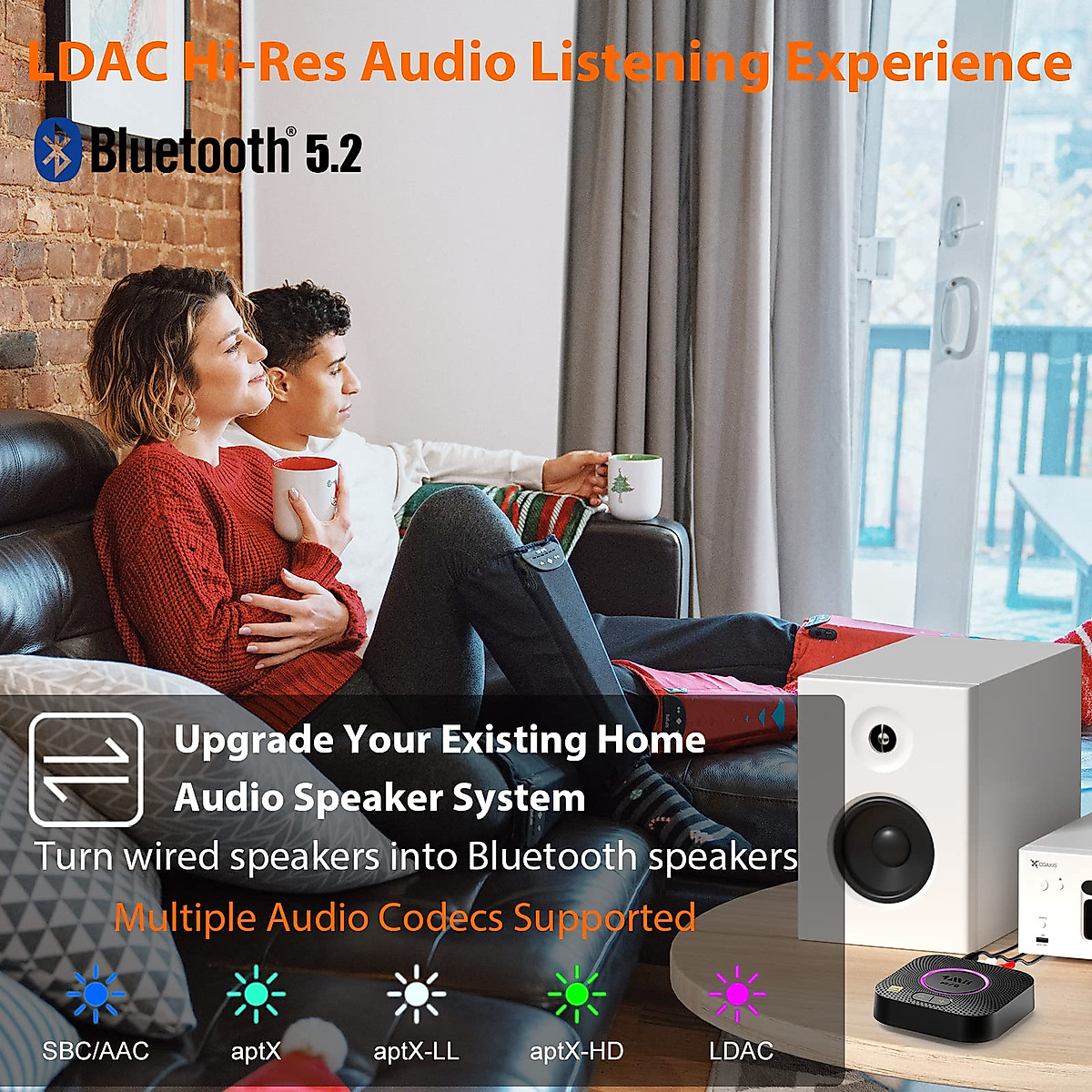 1Mii B06S+ LDAC Bluetooth 5.2 Receiver for Home Stereo Hi-Res Music Streaming, Hi-Fi Wireless Audio Adapter w/aptX HD Low Latency, Long Range Bluetooth Audio Receiver Volume Control, RCA/3.5mm Outputs