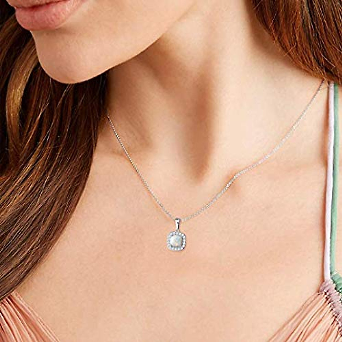 Carleen Created Opal Pendant Necklace 925 Sterling Silver October Birthstone Jewelry Cubic Zirconia CZ Halo Prong Setting Fine Jewelry Birthday Gifts for Women, 18" Silver Chain