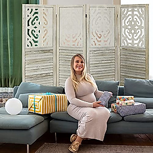 ACEHOME Room Dividers 4 Panel,Home Folding Privacy Carved Wood Screens 5.6Ft,Portable Office Walls Dividers,Indoor Decorative Room Partition,No Installation Required, Off-White