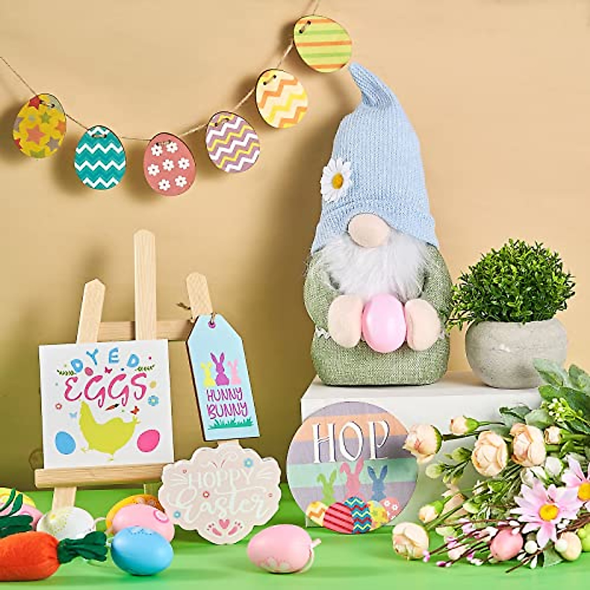 HOMDAILY 11 Pieces Easter Decorations-Easter Tiered Tray Decor Bundle-Easter Wooden Eggs Garland&3 Decorative Blocks&1 Sign-Gnome Bunny Plush-Rustic Farmhouse Spring Decor for Home Kitchen Table Shelf