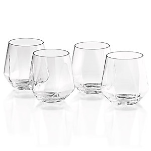 GRANDTIES 12oz Diamond Unbreakable TRITAN Cup set of 4, Plastic Drinking Glasses, BPA-free Stemless Wine Glass, Dishwasher Safe Tumbler, Made in Taiwan- Whisky, Cocktail, Pool, Highball, Party