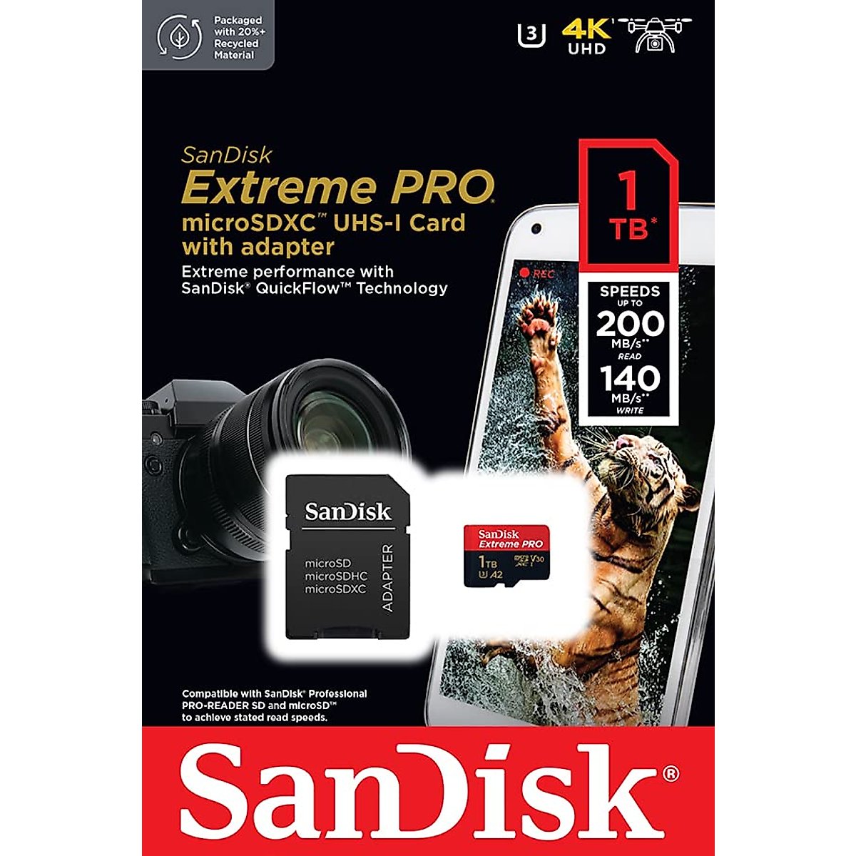 SanDisk 1TB Quick Flow Technology Extreme PRO microSD with Adapter C10, U3, V30, A2, 200MB Read Speed 140 MB Write Speed UHS-I Card