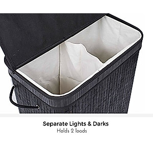 BIRDROCK HOME Double Laundry Hamper with Lid and Cloth Liner - Bamboo - Black - Easily Transport Laundry Basket - 2 Section Collapsible Hamper - String Handles