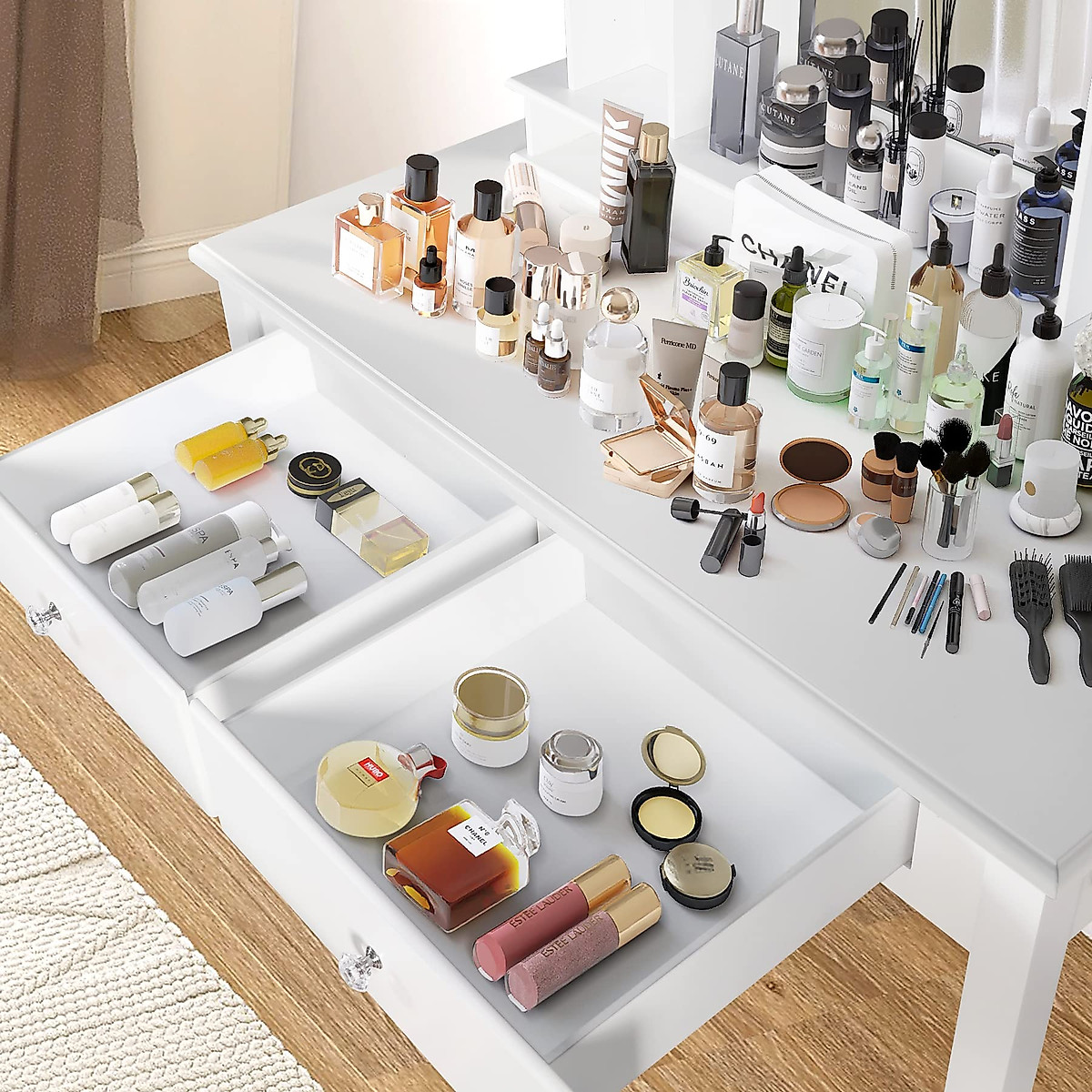 AODAILIHB Vanity Desk with Mirror and Lights, 35" Makeup Vanity Dressing Table with Vanity Stool/2 Drawers/Open Shelves/3 Color Lighting Modes & Brightness Bedroom Furniture (White)