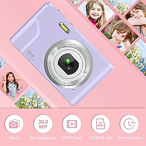 Digital Camera for Kids Boys and Girls - 36MP Children's Camera with 32GB SD Card，Full HD 1080P Rechargeable Electronic Mini Camera for Students, Teens, Kids(Purple)