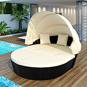 Merax Outdoor Patio Round Daybed Furniture with Retractable Canopy and Coffee Table, Wicker Rattan Sofa Set Waterproof Cushions Backyard Lawn Garden Pool Porch (Beige+Black, 6 Piece)