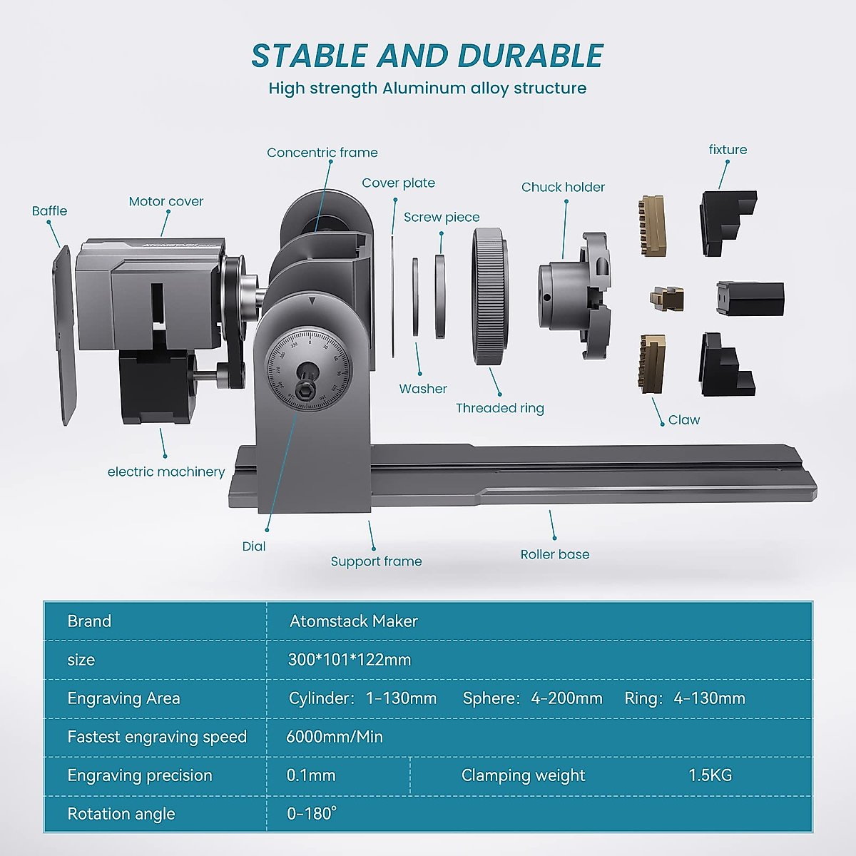 ATOMSTACK MAKER R1 PRO Chuck and Rotary Roller for Laser Engraver, 4-in-1 Laser Roller Rotary, 180° Adjustable Chuck with 3 Jaws for Engraving Rings, Irregular Items, Spherical & Cylindrical Objects