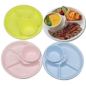 4 PCS Round Plastic Appetizer Tray - 4 Compartment Divider Bowls Party Fruits Veggies Serving Tray for Adults and Kids, 4 Assorted Colors