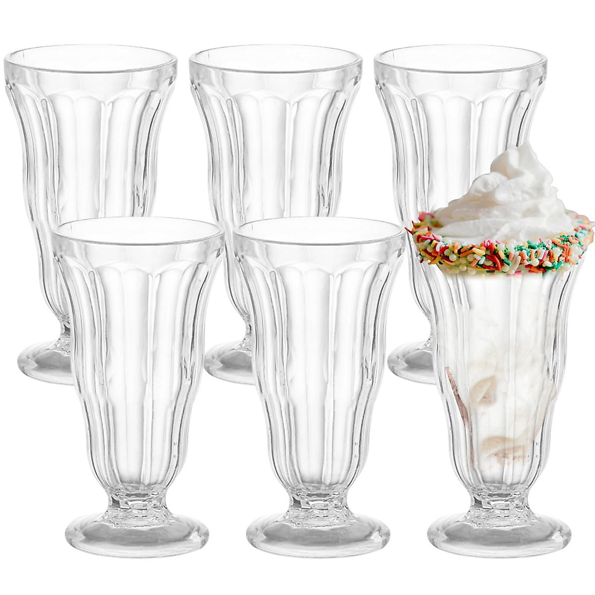 Cheardia 6 Pack Plastic Milkshake Glasses, 13.5 oz Old Fashioned Soda Glass Footed Ice Cream Cups, Clear Pina Colada Fountain Glasses Milkshake Cups for Sundae, Juice, Tropical Drinks, Party