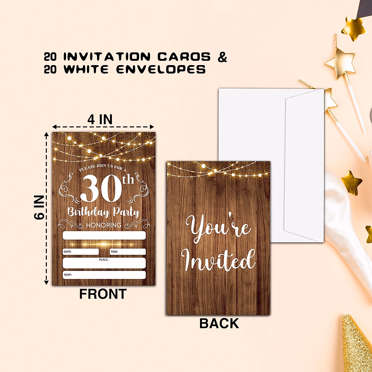 CLIRBE 30th Birthday Invitations, 1993 Birthday Party Invitations For Women Men, 30 Year Old Birthday Invites, Rustic Wood Theme Birthday Party Decorations, 20 Invitations with 20 Envelopes - A07