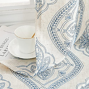 jinchan Linen Textured Curtains for Living Room Embroidered Design Window Curtains Light Filtering Flax Linen Look Window Treatment Set for Bedroom Grommet Top 2 Panels 96 Inch Length Blue