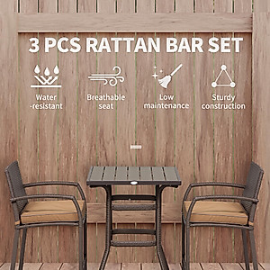 Outsunny 3 PCS Rattan Wicker Bar Set with Wood Grain Top Table and 2 Bar Stools for Outdoor, Patio, Poolside, Garden, Brown