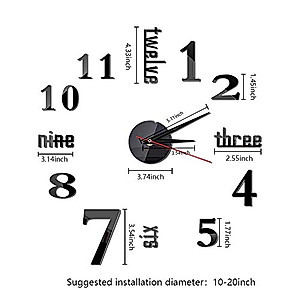 10inch-20inch Frameless DIY Wall Clock Black 3D Mute Round Shape Quartz Wall Clock Sticker DIY Wall Decoration for Home Living Room Bedroom Office Classroom
